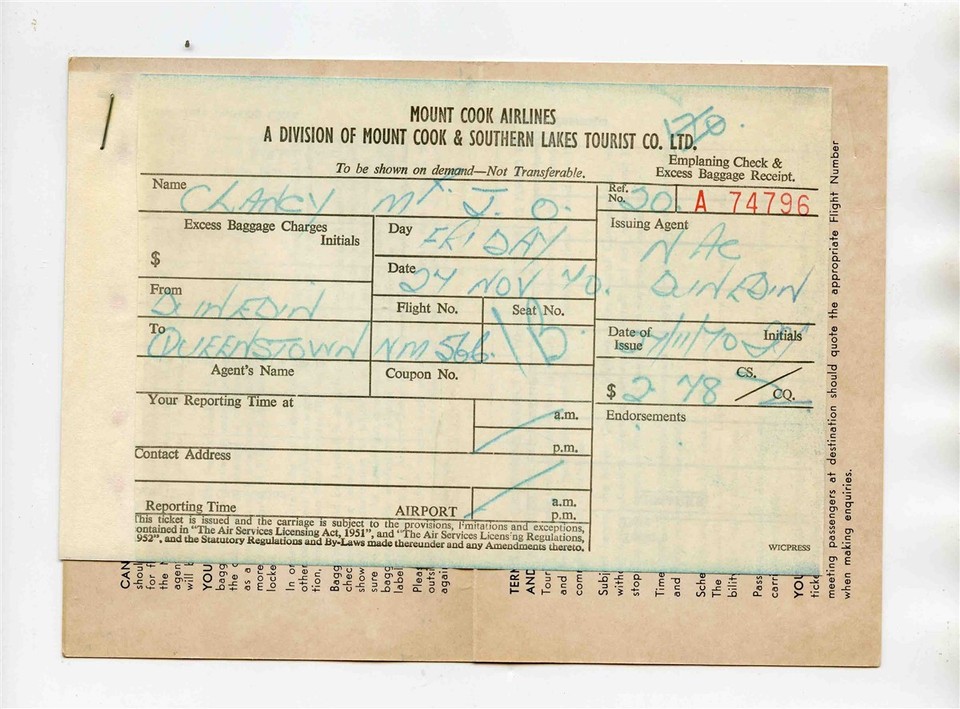 Mount Cook & Southern Lakes Airline Ticket & Boarding Pass 1970 New ...