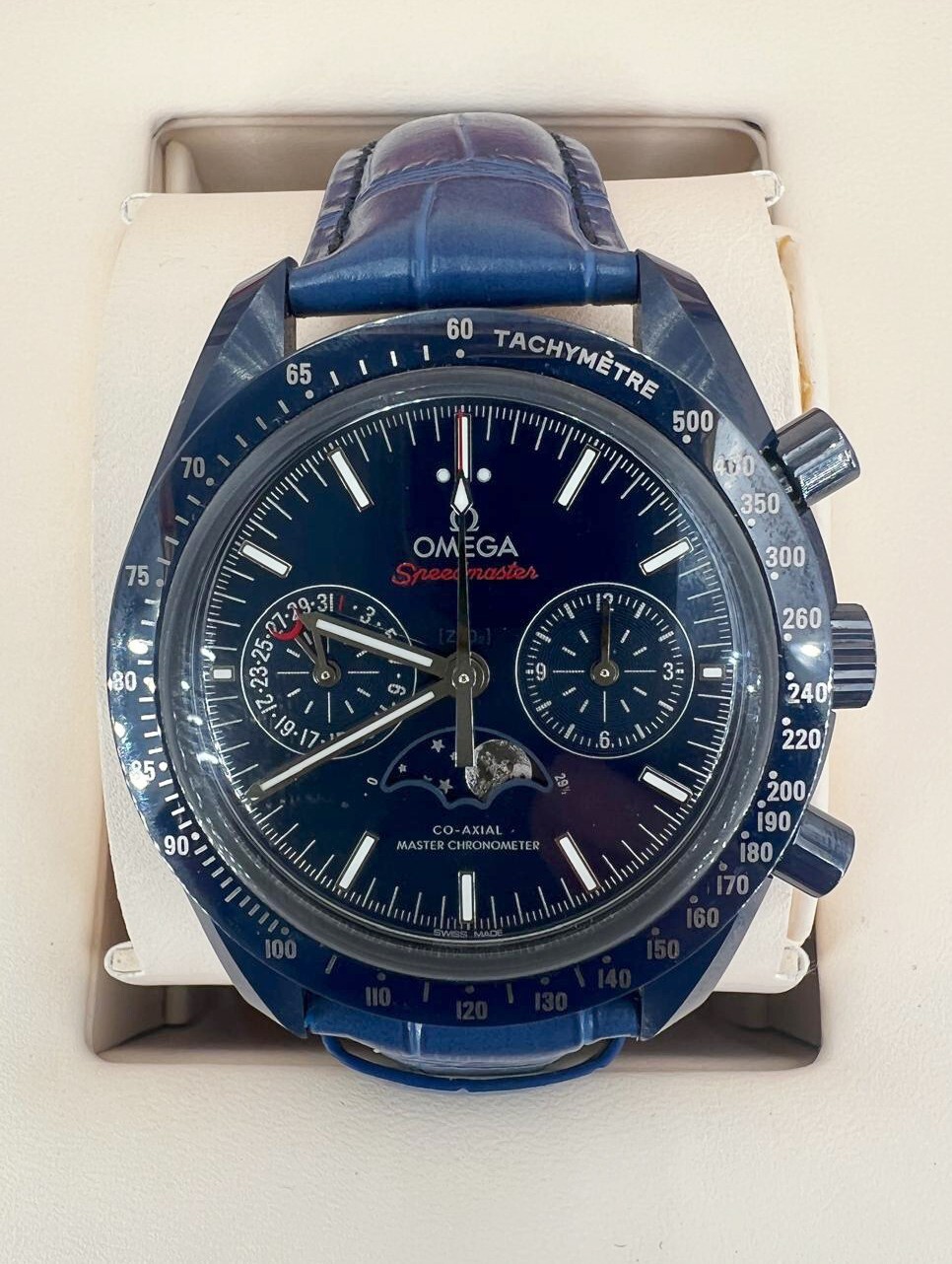 Omega Ceramic Blue Side Moon Co-Axial Master Moonphase Watch Box and ...