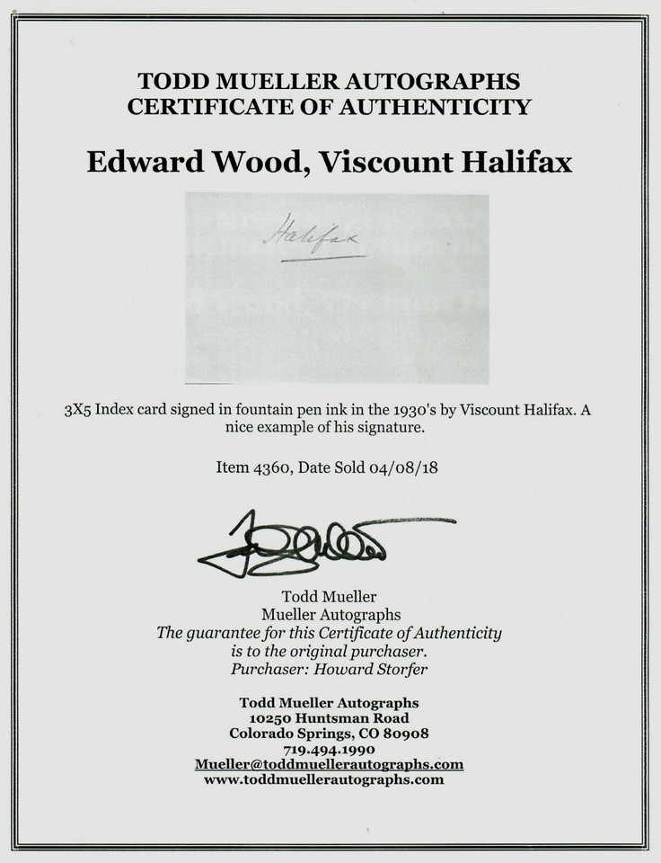 "1st Viscount of Halifax" Edward Wood Hand Signed 3X5 Card COA | eBay