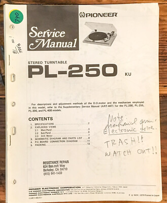 Pioneer PL-250 Record Player / Turntable Service Manual *Original* | eBay