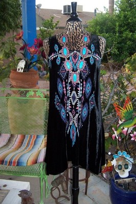 JOHNNY WAS S Boho Western Aztec Velvet Embroidered Long Tunic Tank ...
