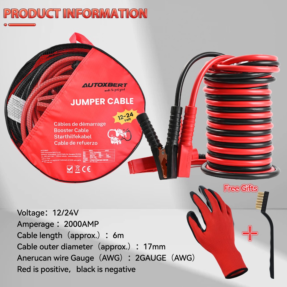 HEAVY DUTY BATTERY BOOSTER CABLE CAR EMERGENCY JUMPER 4 GAUGE 20 FT ...