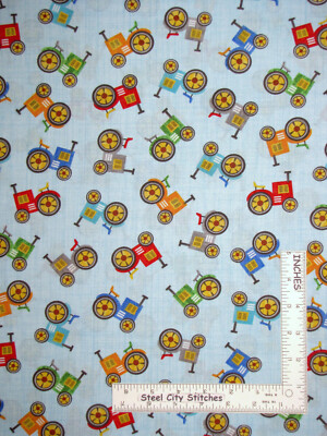 Farm Tractors Multicolor Toss Blue Oink Cotton Fabric Blank Textiles By ...