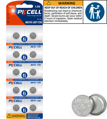 PKCELL 10Pcs LR1130 Batteries 1.5V AG10 389 LR54 Button Coin Cell for ...