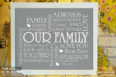 Our Family Word Art Picture Print Wall Word Art Keepsake Canvas Grey ...