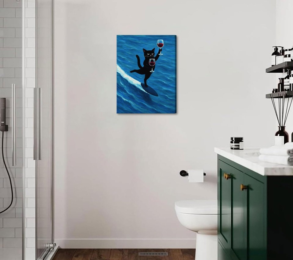 Funny Black Cat Canvas Wall Art Blue Modern Abstract Animal Print ...