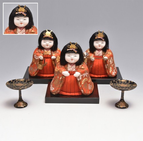 Kimekomi Doll, 3 Court Ladies, Wooden, Flower Arabesque Lacquer, with ...