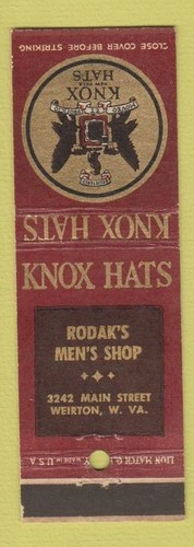 Matchbook Cover - Knox Men's Hats Rodak's Weirton WV clothes | eBay