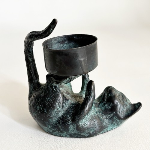 VTG Cat on Back SPI Bronze Green Verdigris Tealight Votive Candle ...