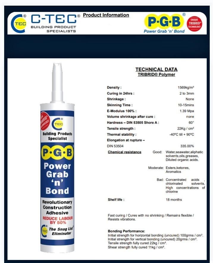 Ct1 PGB Power Grab N Bond 290ml Industrial Adhesive 2 Tubes White for ...