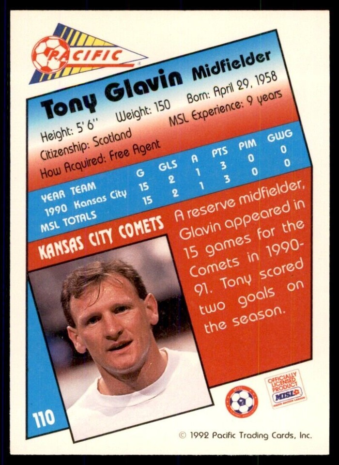 1992 Pacific MSL Tony Glavin b Kansas City Comets #110 | eBay