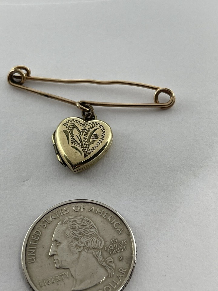Vintage MCM Rolled Gold Wire Work Safety Pin w/ RG Dangling Heart ...