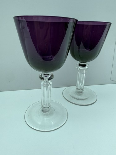 Two vintage purple amethyst glass wine / sherry glasses with clear ...
