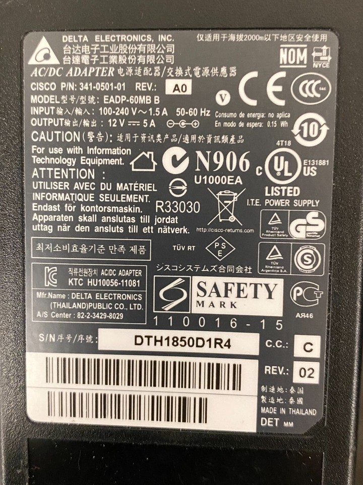 Genuine Cisco Delta EADP-60MB B 341-0501-01 Adapter 4 Pin 12V 5A ...