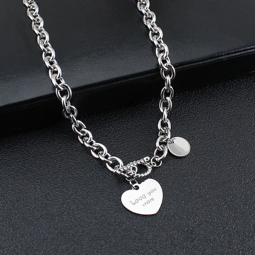 Woman Silver Stainless Steel Heart Love you more Charm Rolo Link Chain ...