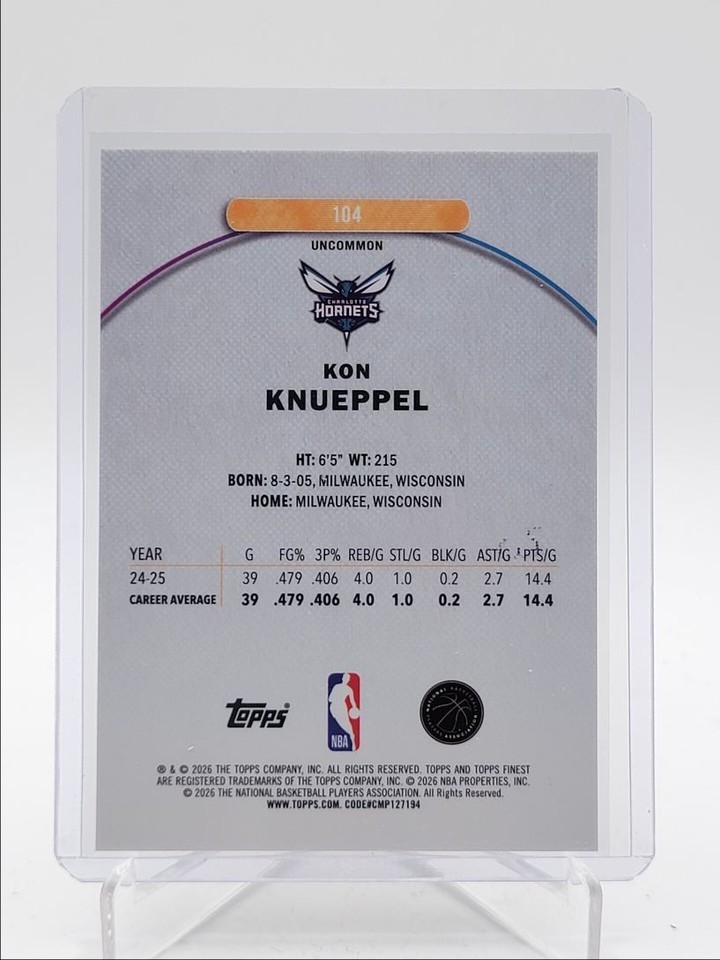 KON KNUEPPEL 2025-26 TOPPS FINEST UNCOMMON ROOKIE RED GEOMETRIC RC 5/5 ...