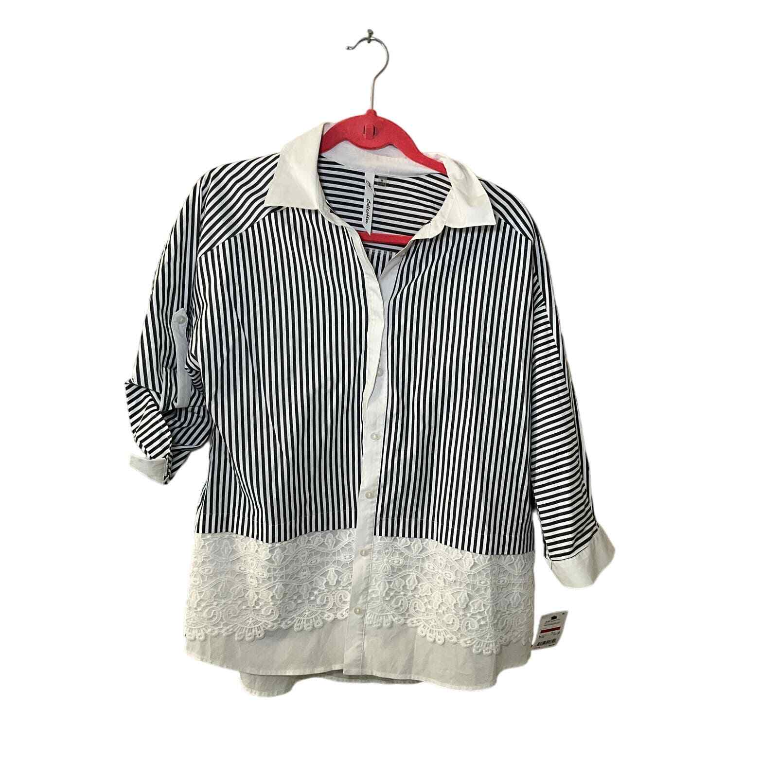 NY Collection Shirt Women's Large White Striped Lace Cotton Stretch ...