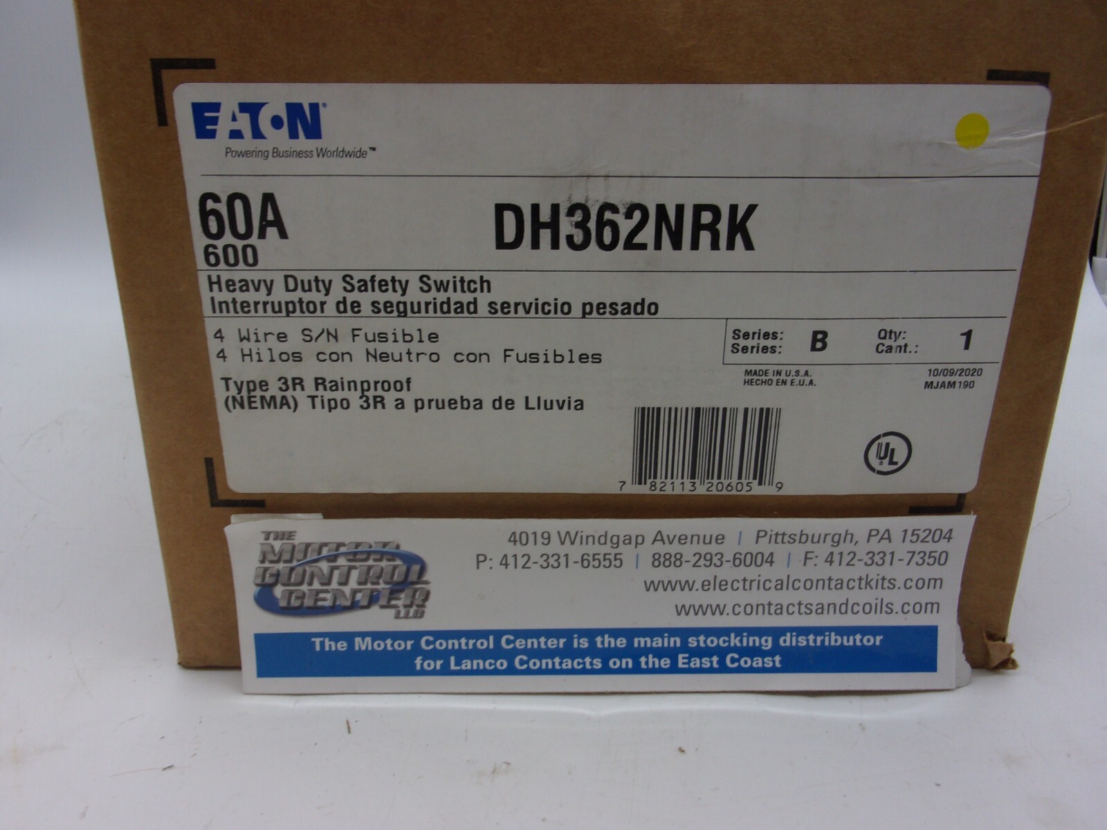 DH362NRK-EATON-HEAVY DUTY SAFETY SWITCH 4 WIRE S/N FUSIBLE,3P,60A,600V ...
