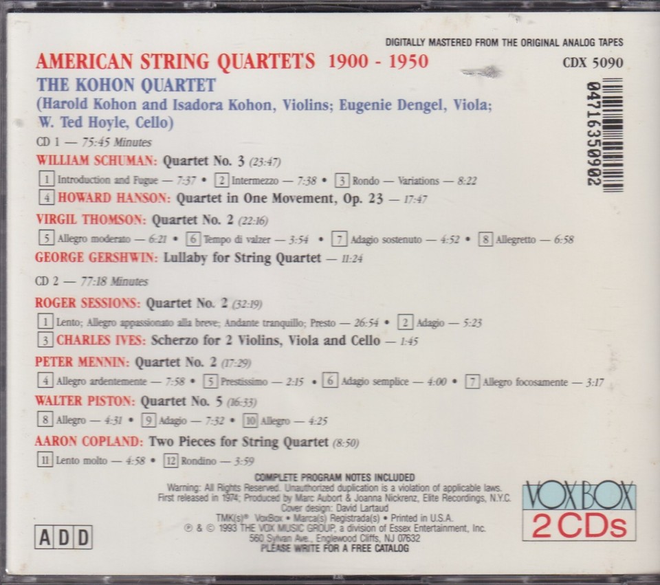 AMERICAN STRING QUARTETS 1900-1950 THE KOHON QUARTET W.SCHUMAN,HANSON ...