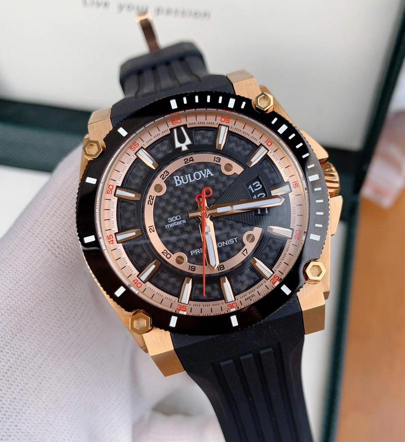 Bulova Precisionist 98B152 Icon Rose Gold Black Dial Polyurethane Men's ...