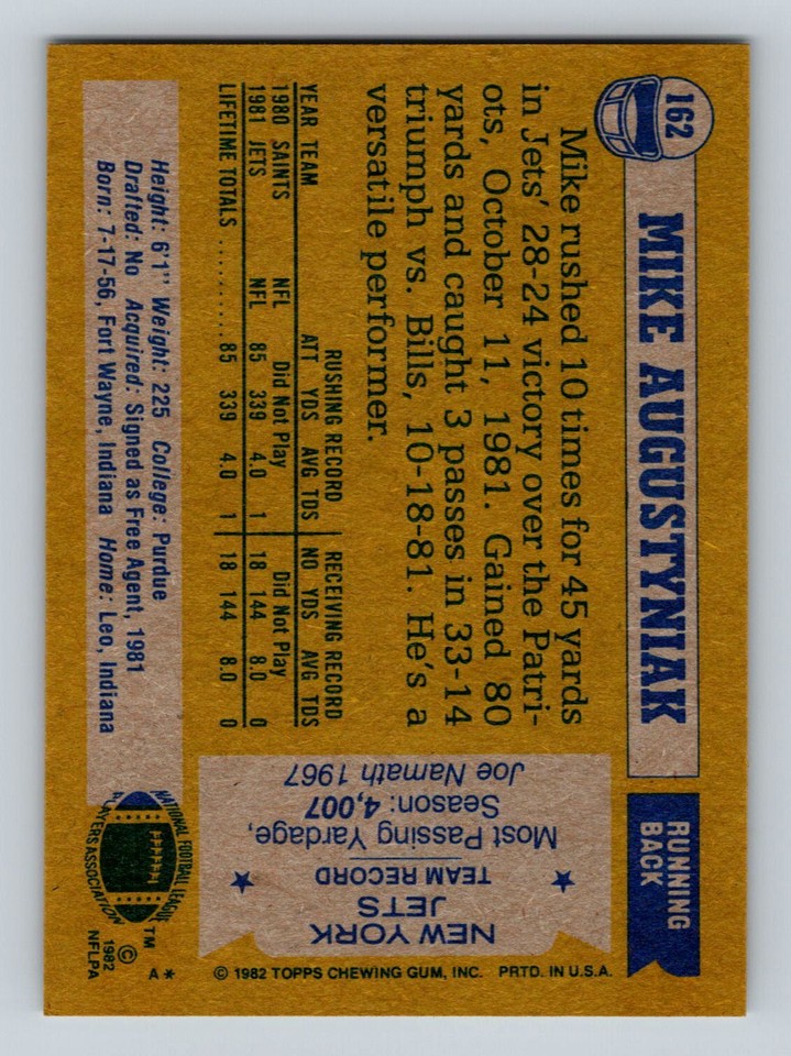 1982 Topps Mike Augustyniak #162 New York Jets | eBay