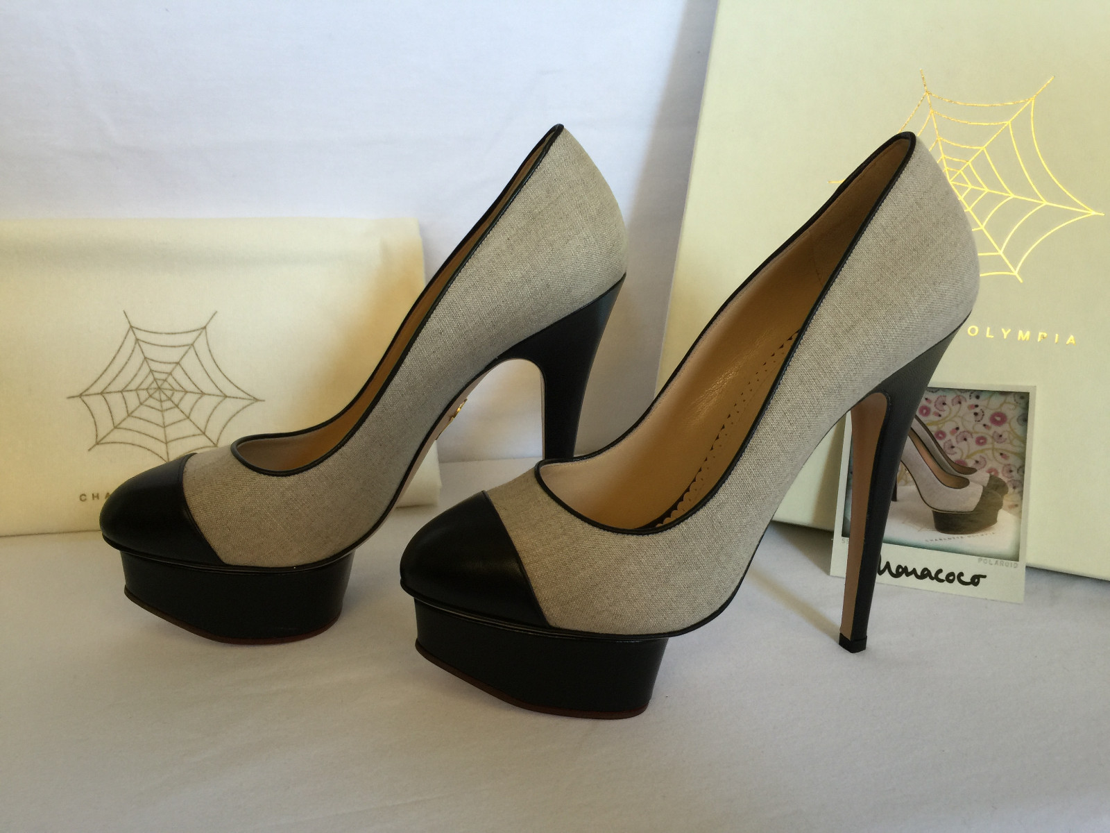 NIB Charlotte Olympia Monacoco Natural Linen Black Cap-Toe Platform ...