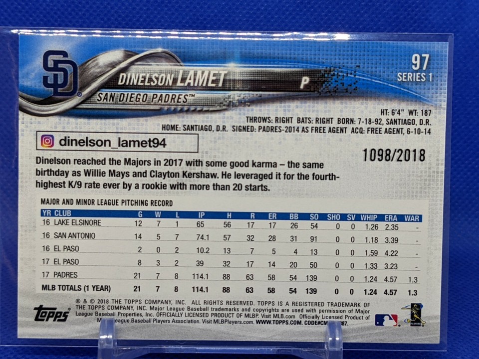 Dinelson Lamet /2018 Topps Series 1 2018 Gold Parallel #97 San Diego ...