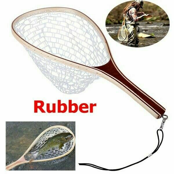 Fly Fishing Landing Net Wooden Handle Rubber Mesh Trout Catch Release ...