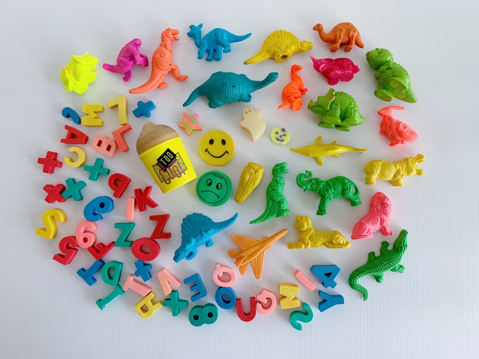 Vintage Lot of 90s Erasers Dinosaurs Animals Planes Letters Numbers ...