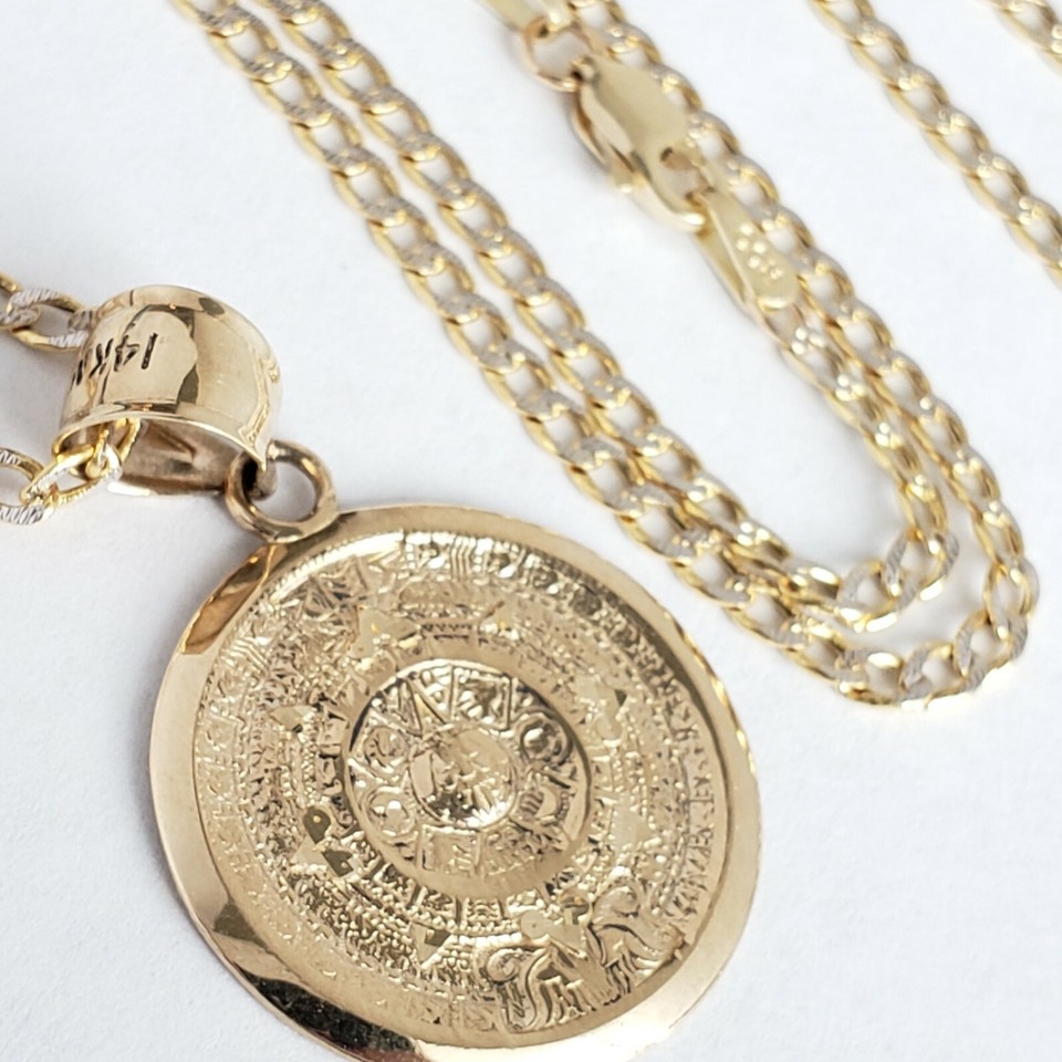 Solid 14k Yellow Gold Aztec Medallion Calendar Pendant 20 Inch cuban ...