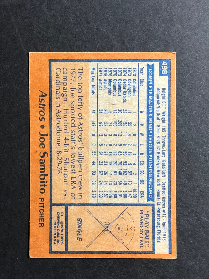 Joe Sambito Astros Signed 1978 Topps Baseball Card #498 Auto Autograph ...