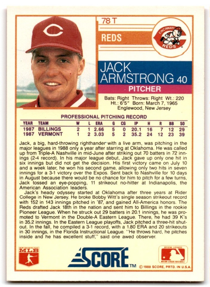 1988 Score Rookie & Traded Jack Armstrong Cincinnati Reds #78T | eBay