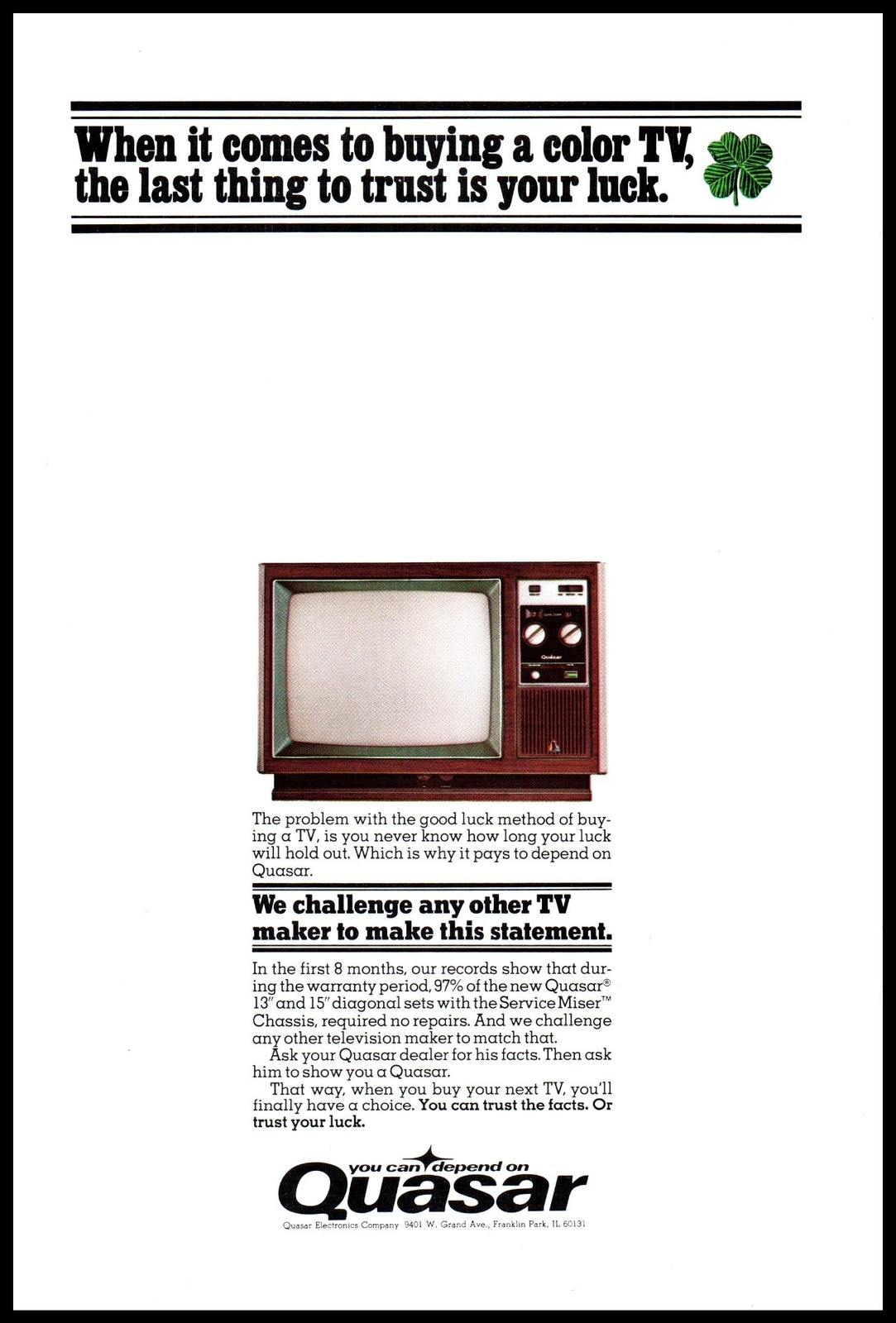 1976 Quasar Television Color TV Vintage Print Ad Luck Clover Wall Art ...