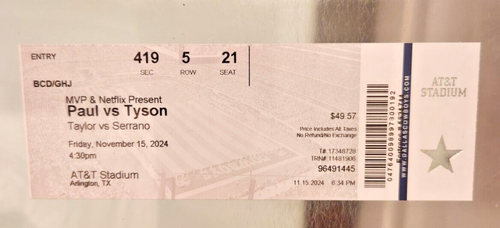 2024 Jake Paul vs Mike Tyson Fight Ticket 11/15/24 - Tyson Final Boxing ...