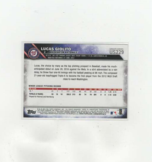 2016 Topps Update Lucas Giolito #US229 Rookie RC Washington Nationals ...