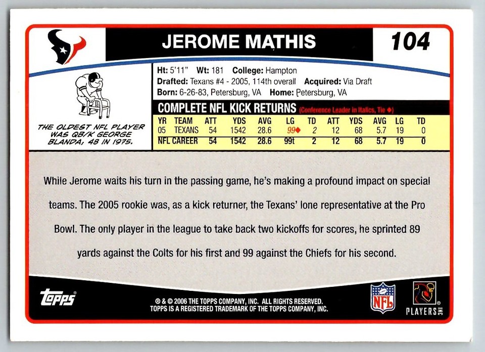 2006 TOPPS JEROME MATHIS HOUSTON TEXANS #104 | eBay