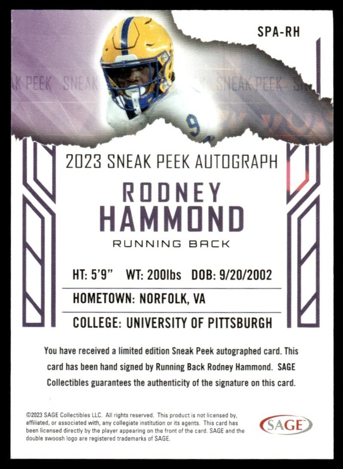 2023 SAGE HIT Sneak Peek Autographs Rodney Hammond Rookie Auto ...