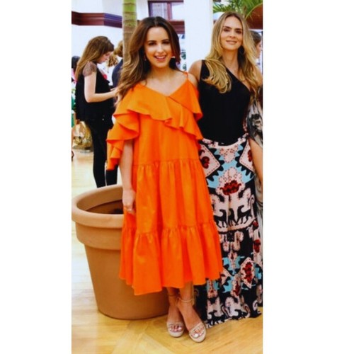 Adriana Degreas Tiered Ruffle Off Shoulder Maxi Dress Medium Orange NEW ...