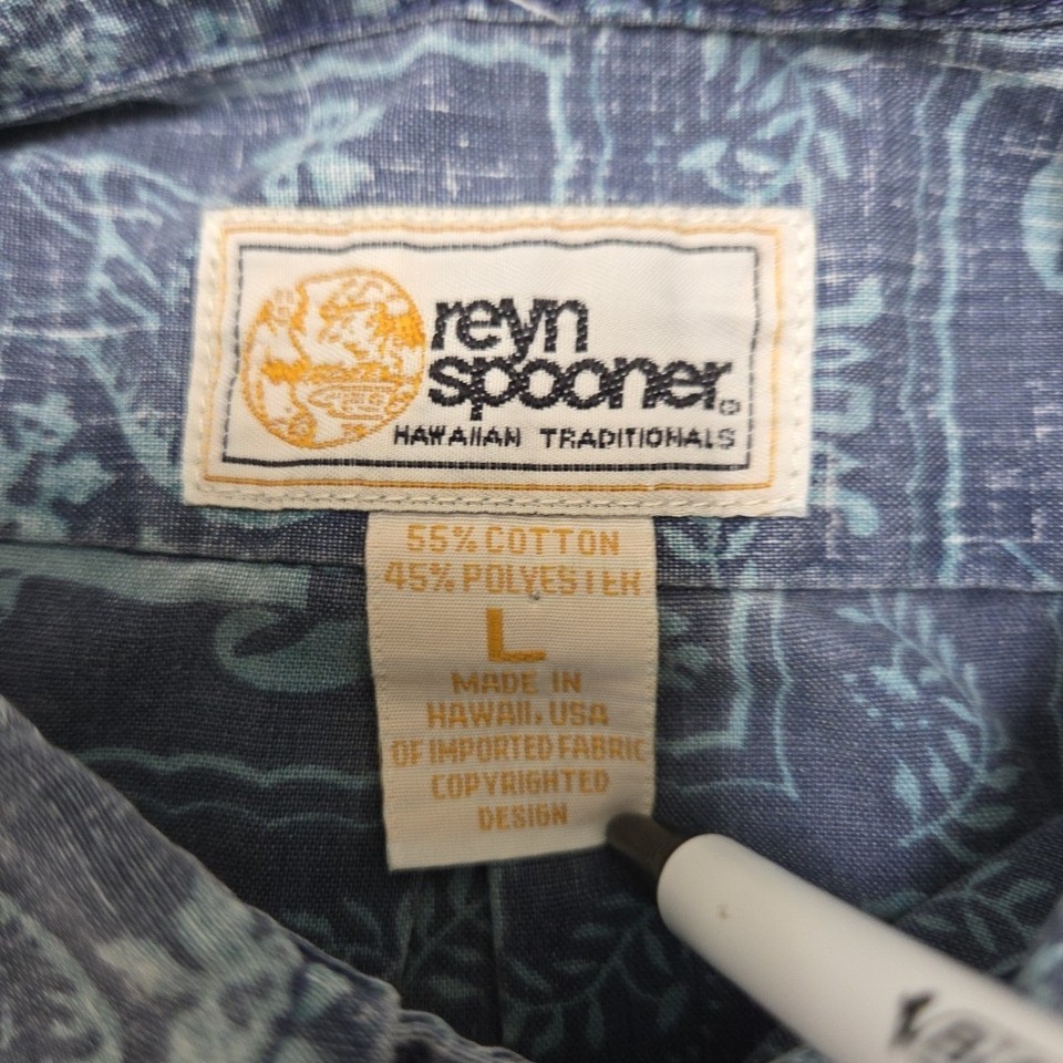 VTG Reyn Spooner Hawaiian Shirt Size L Blue Square Reverse Print Button ...
