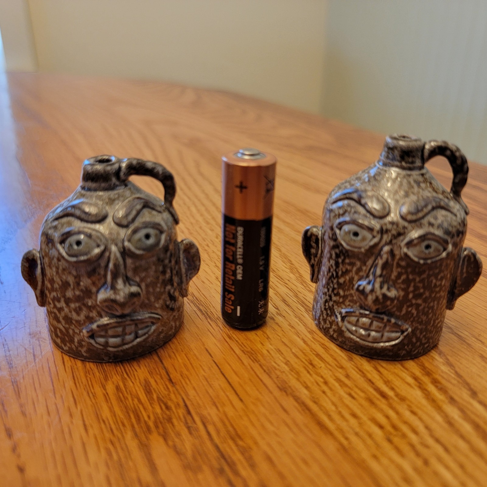 Pair of Wood Fired Spit Glaze Tiny / mini face jugs... 2 For One Price ...