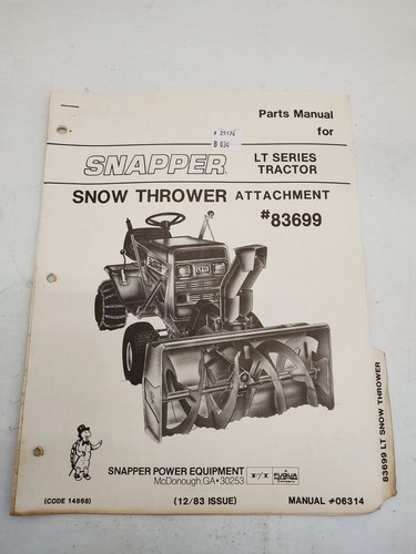 Snapper Parts Manual for LT Series Tractor Snow Thrower Attachment 83699 06314 | eBay