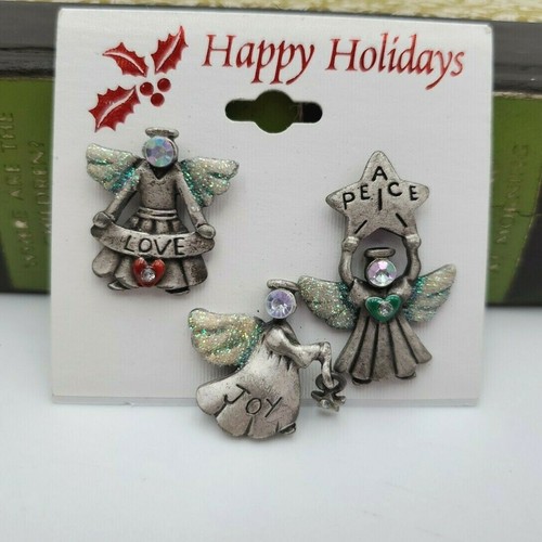 Happy Holidays Angel Pin Peace Joy Love Christmas 3 Pins Rhinestones ...