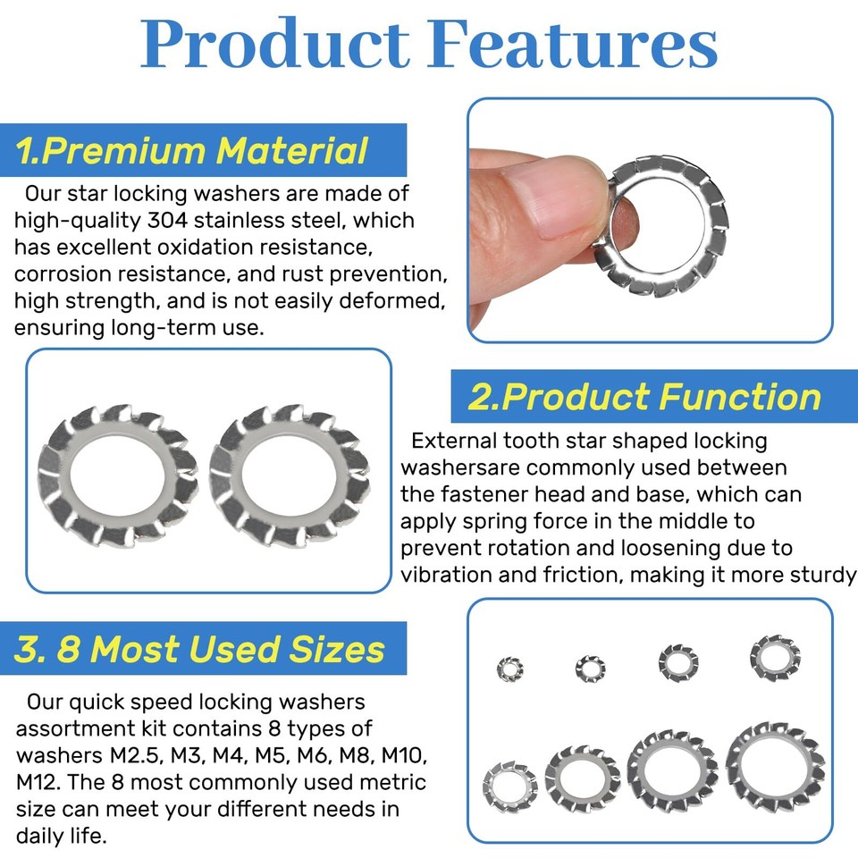 Stainless Steel External Multi-Tooth Star Lock Washers Assortment Set ...