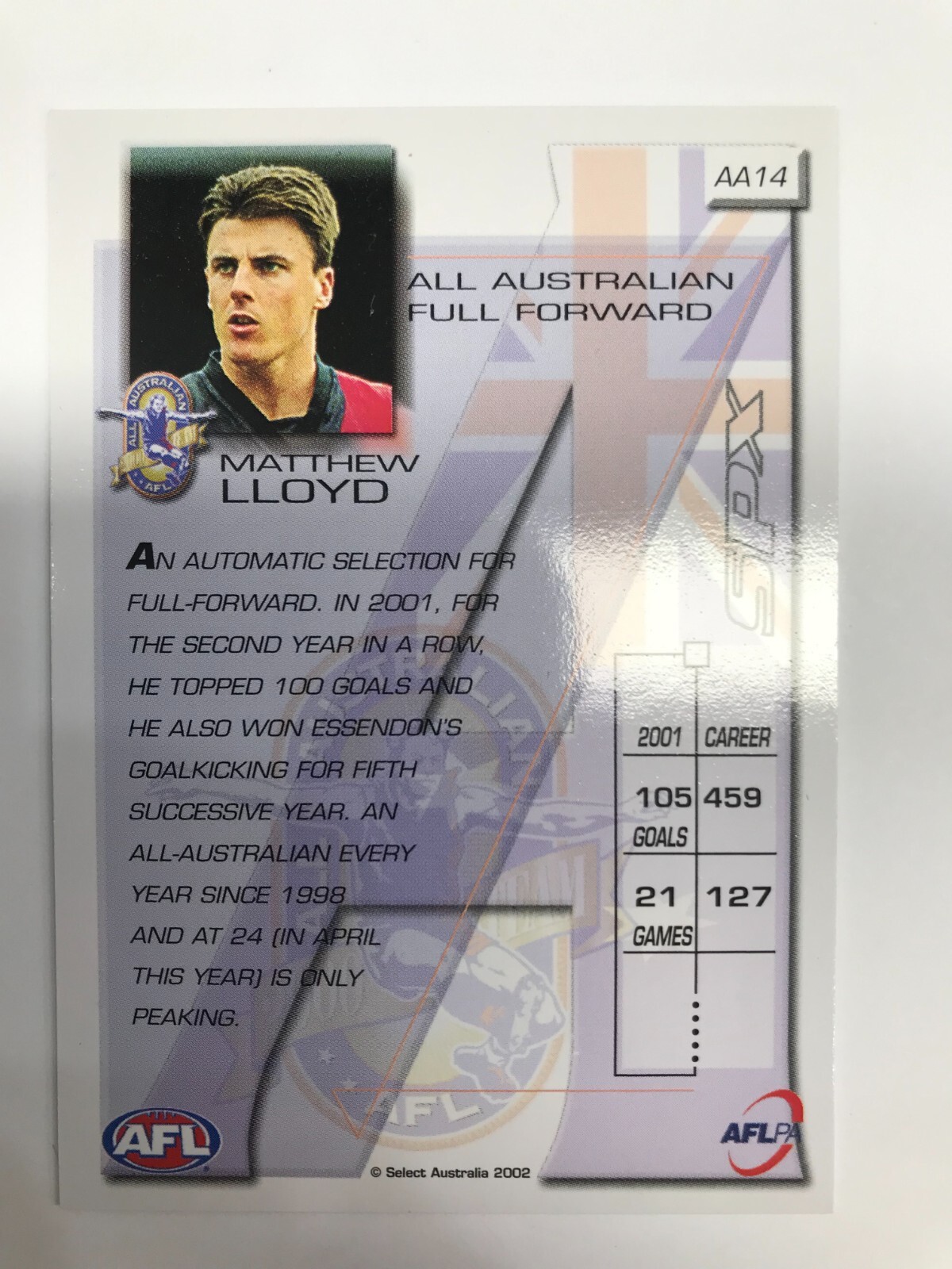2002 SELECT AFL SPX CARD ALL AUSTRALIAN TEAM CARD AA14 MATTHEW LLOYD ...