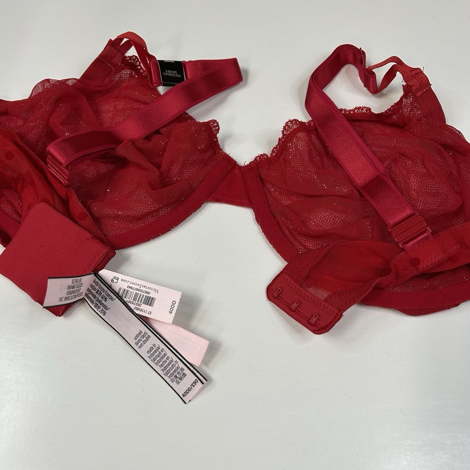 NEW Victorias Secret 40DD Unlined Demi Bra Solid Red Gold Lace ...