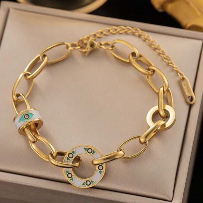 New Evil Eye Greek Mati Charm Stainless Steel Gold Plated Bracelet Luck ...