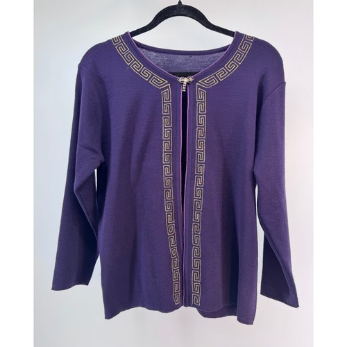 Purple Knit Cardigan Sweater Embellished Greek Key Clasp Long Sleeve ...