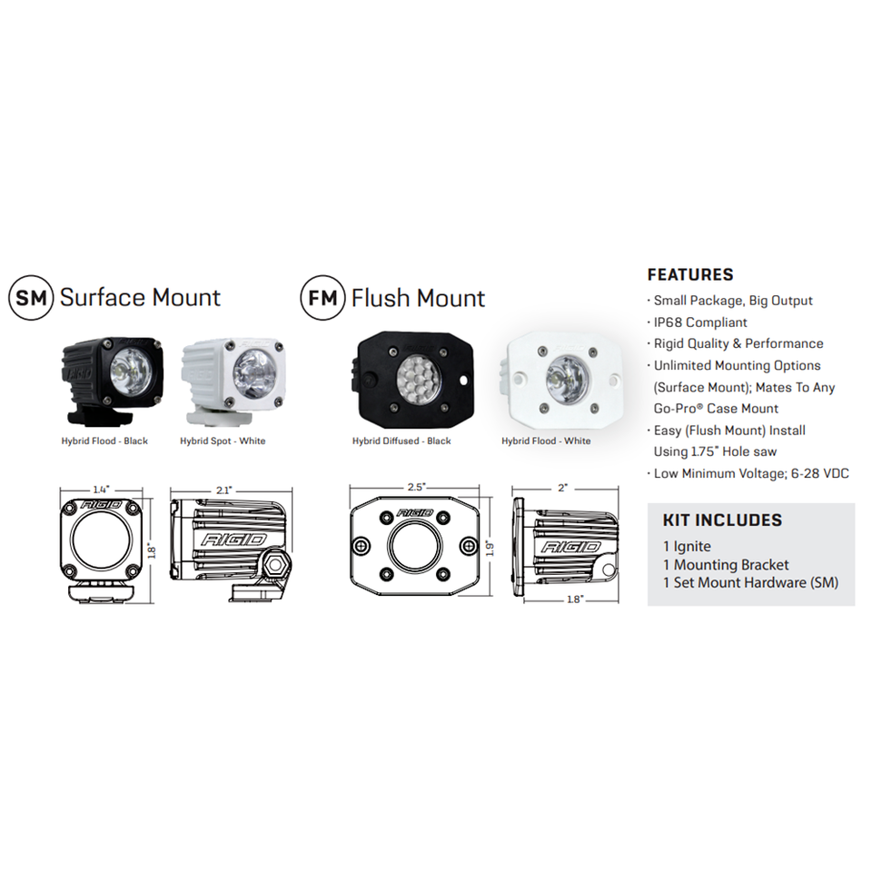 Rigid Industries | 20511 Ignite Series 1"x2" 12W Spot Beam LED Light ...