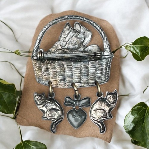 Vintage Tr Color Cats Brooch Badket Pewter Copper Brass Finish Dangle ...