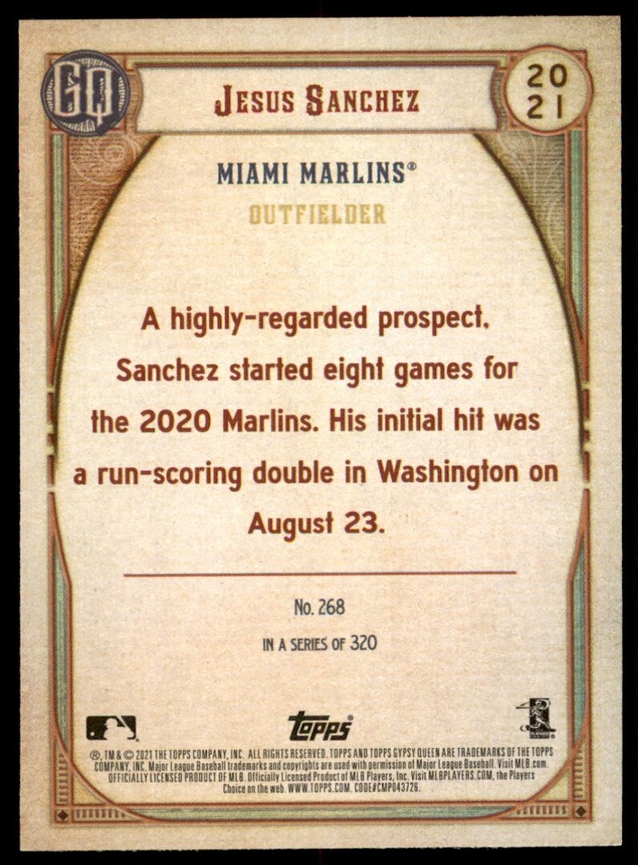 Jesus Sanchez 2021 Topps Gypsy Queen Rookie Card RC ! #268 Miami ...